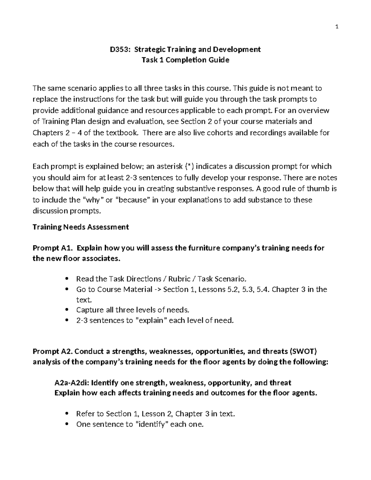D353 Task 1 Guide 24.01.23 (1) - 1 D353: Strategic Training and ...