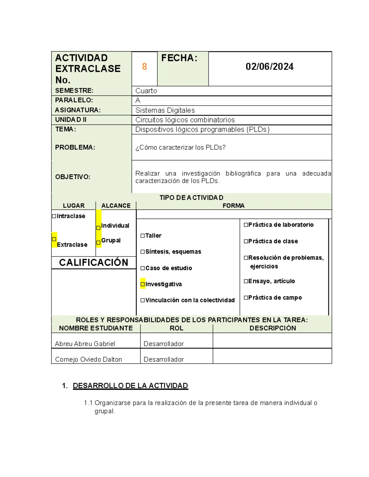 Activ Extrac SIS DIG No 9 - ACTIVIDAD EXTRACLASE No. 9 FECHA: 15/06 ...