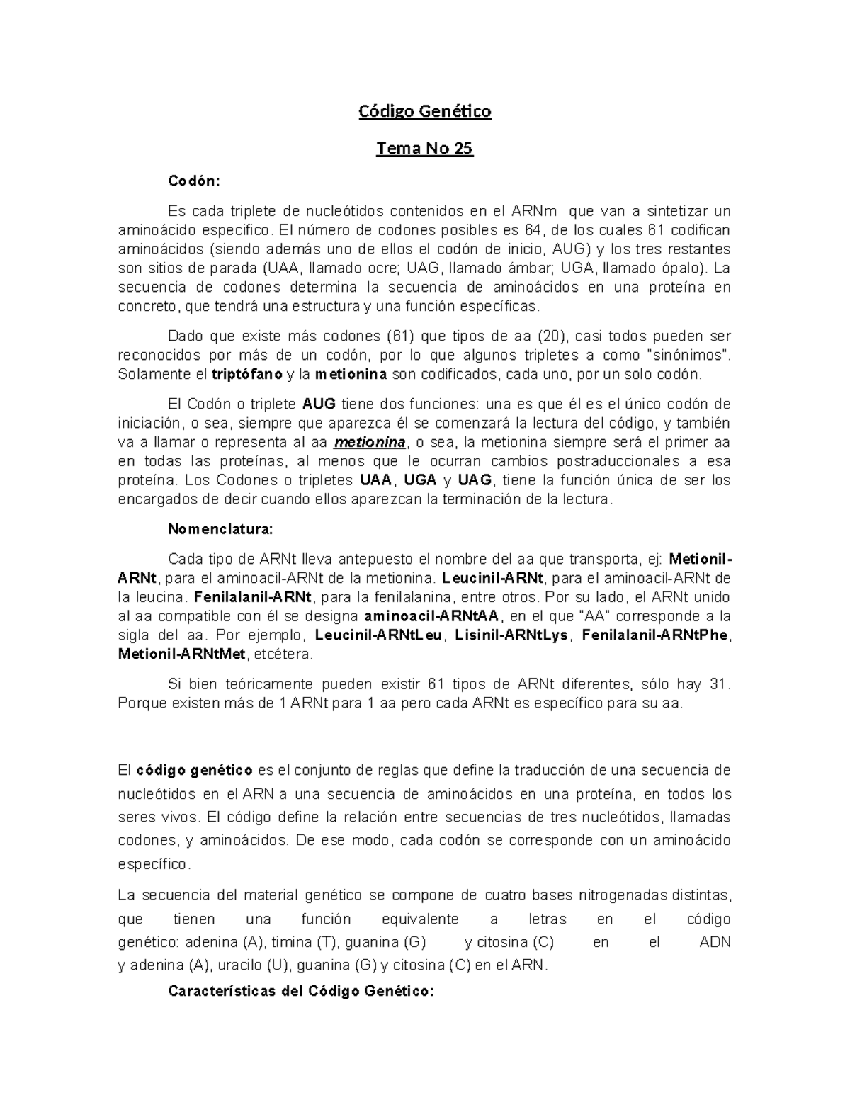 Tema 25 Código Genético - Código Genético Tema No 25 Codón: Es cada ...