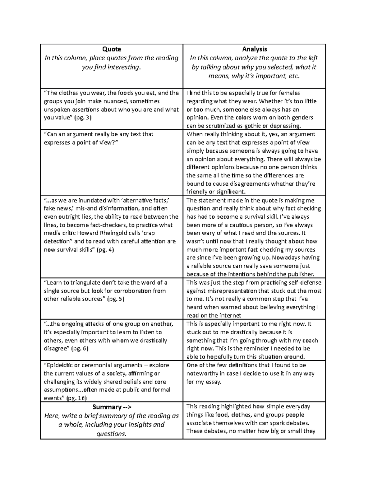 Chapter 1 Everything's An Argument Quote Sheet - Quote In this column ...