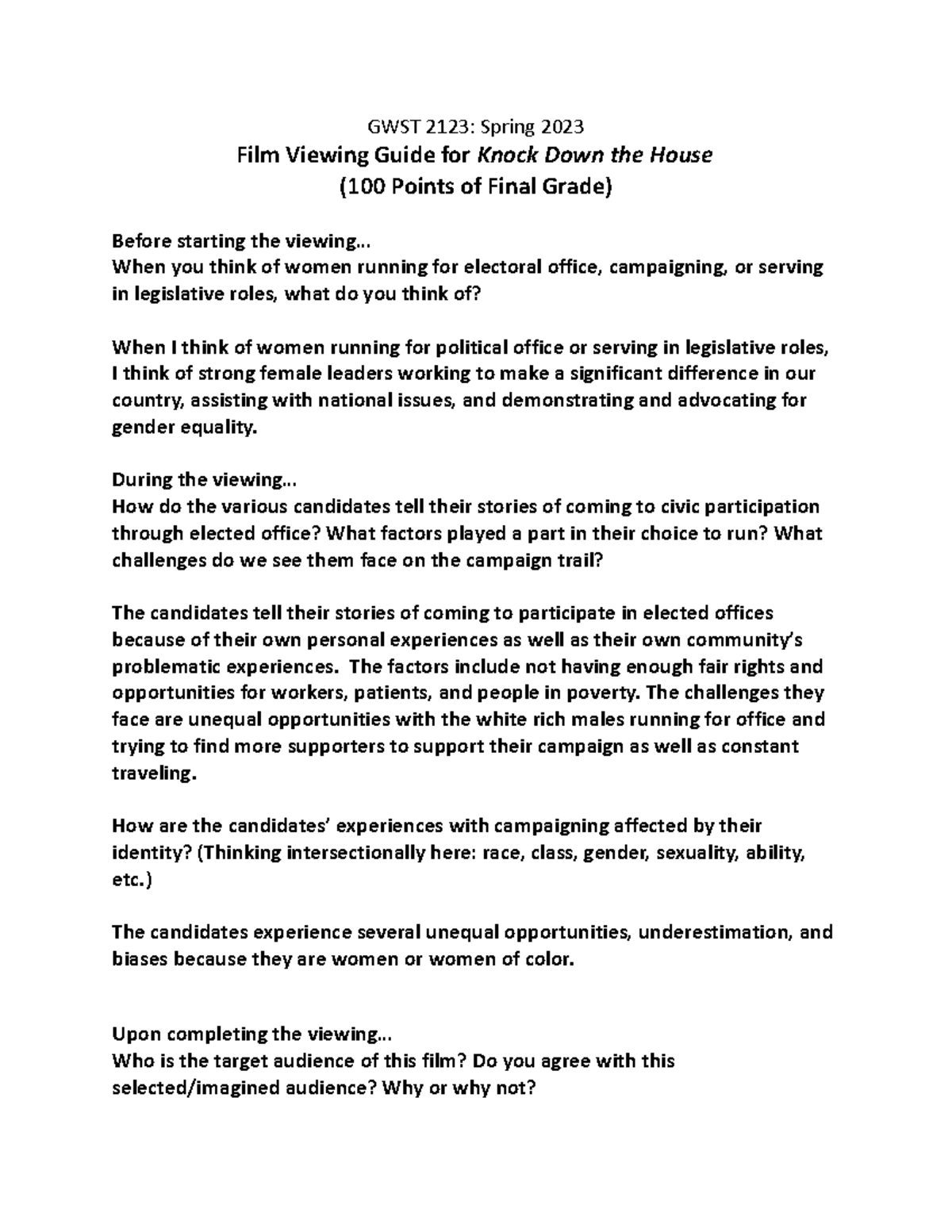 Knock Down the House Film Viewing Guide Sp23 - GWST 2123: Spring 2023 ...