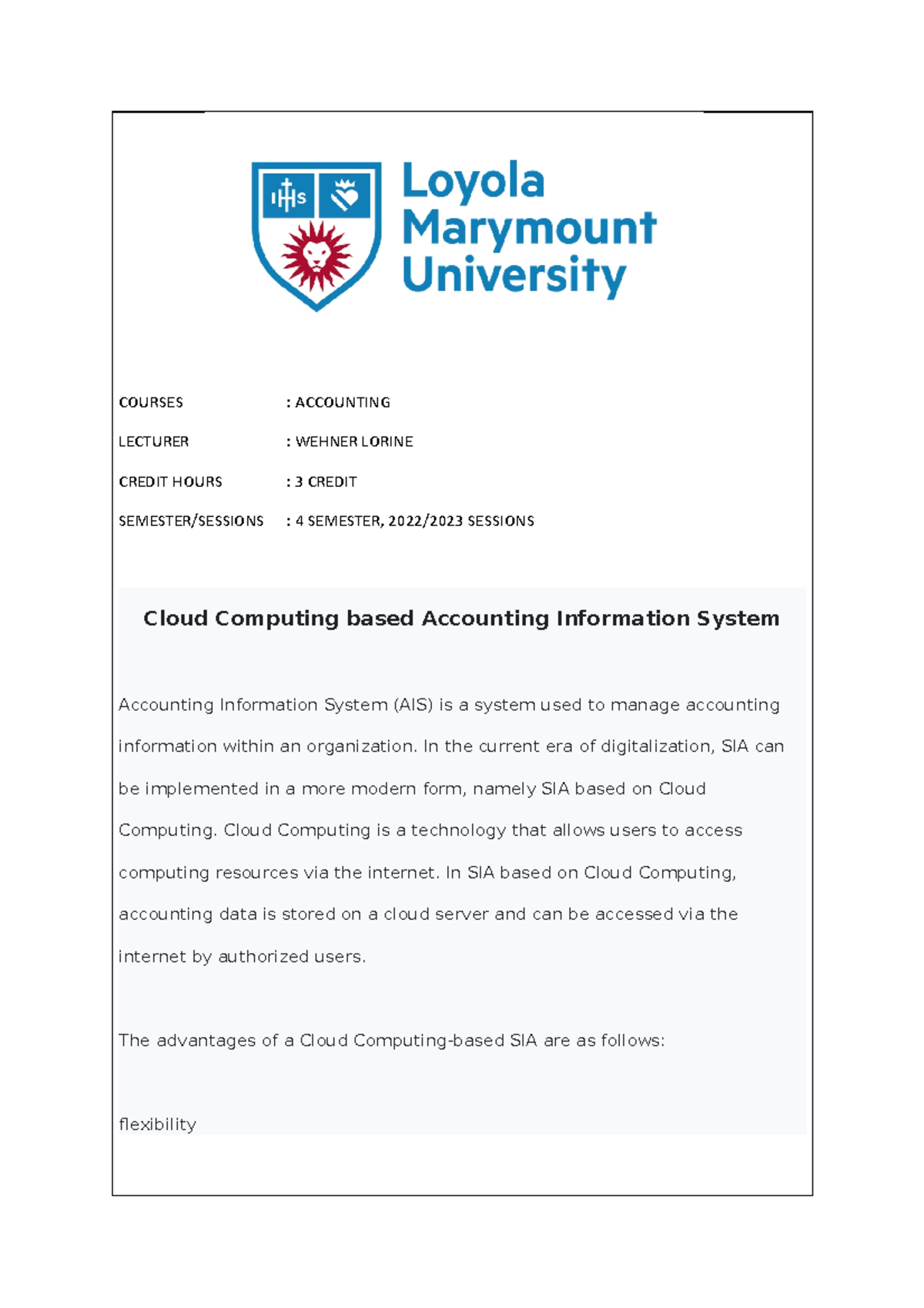 Cloud Computing based Accounting Information System - COURSES : ACCOUNTING LECTURER : WEHNER ...