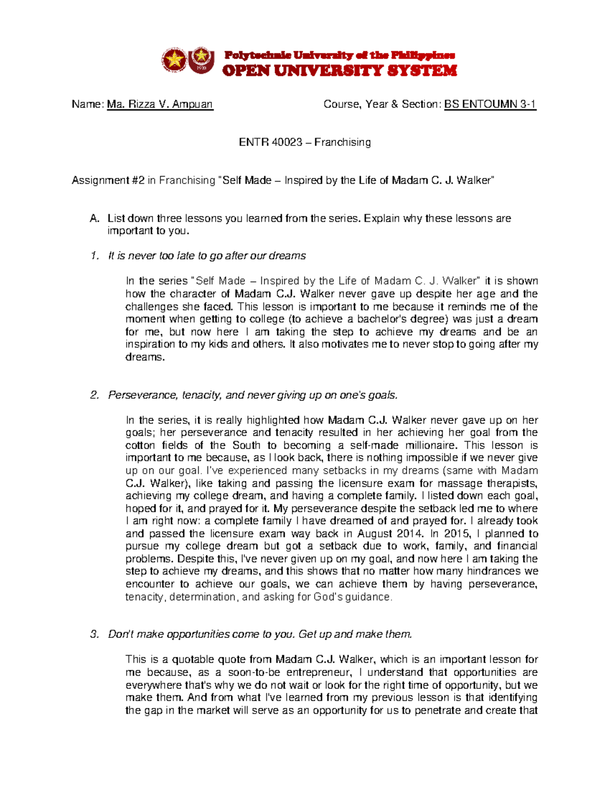 Franchising 1 - Name: Ma. Rizza V. Ampuan Course, Year & Section: BS ...