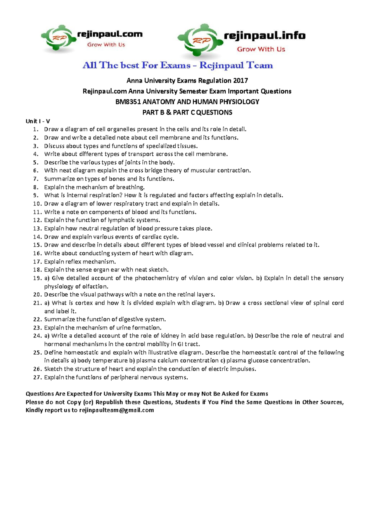 QUESTION BANK FOR ANATOMY Anna University Exams Regulation 2017 
