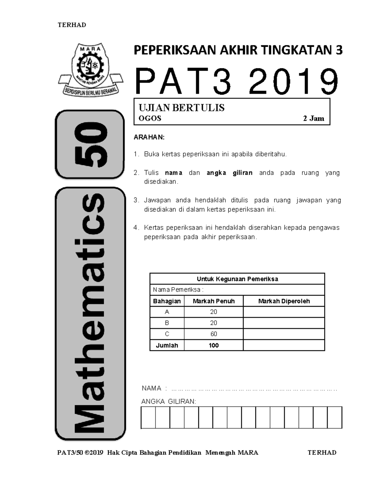 MRSM PT3 pre test 2019 - hi,pls enjoy it haha - ...... PEPERIKSAAN ...
