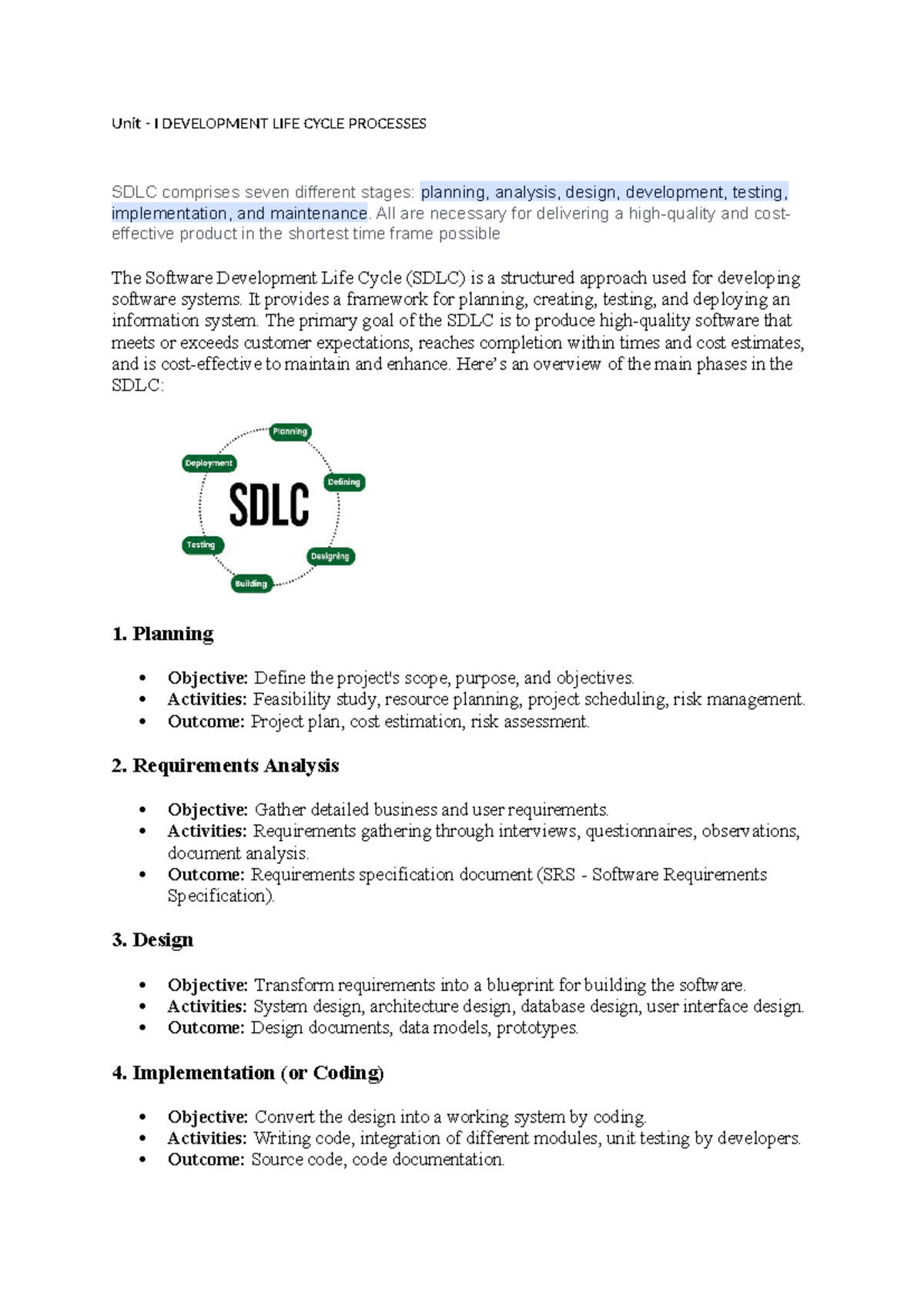Unit 1 - notes - Unit - I DEVELOPMENT LIFE CYCLE PROCESSES SDLC ...