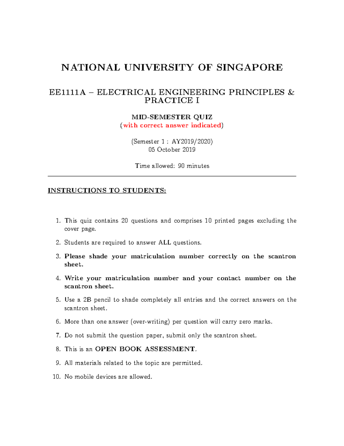 EE1111 A Sem1 AY1920 Quiz1 (with answer) - NATIONAL UNIVERSITY OF ...