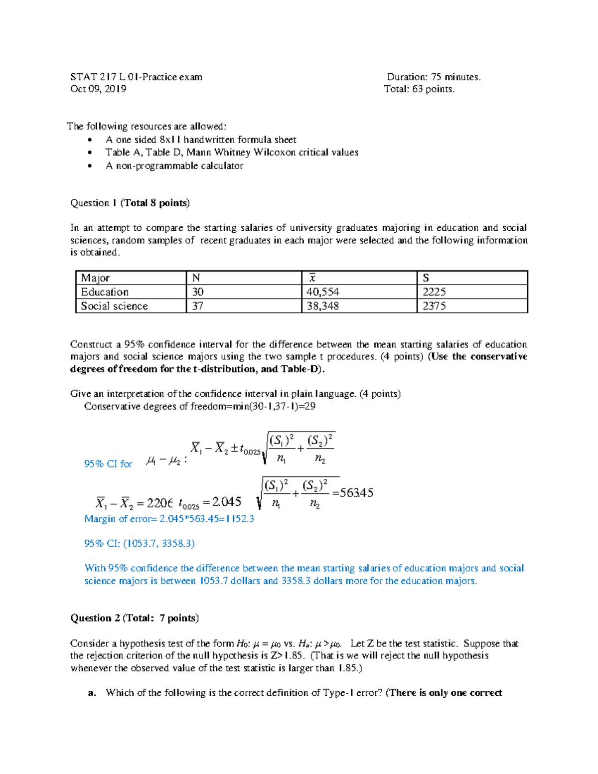 Sample/practice exam 24 October 2019, answers - STAT 217 L 01-Practice ...