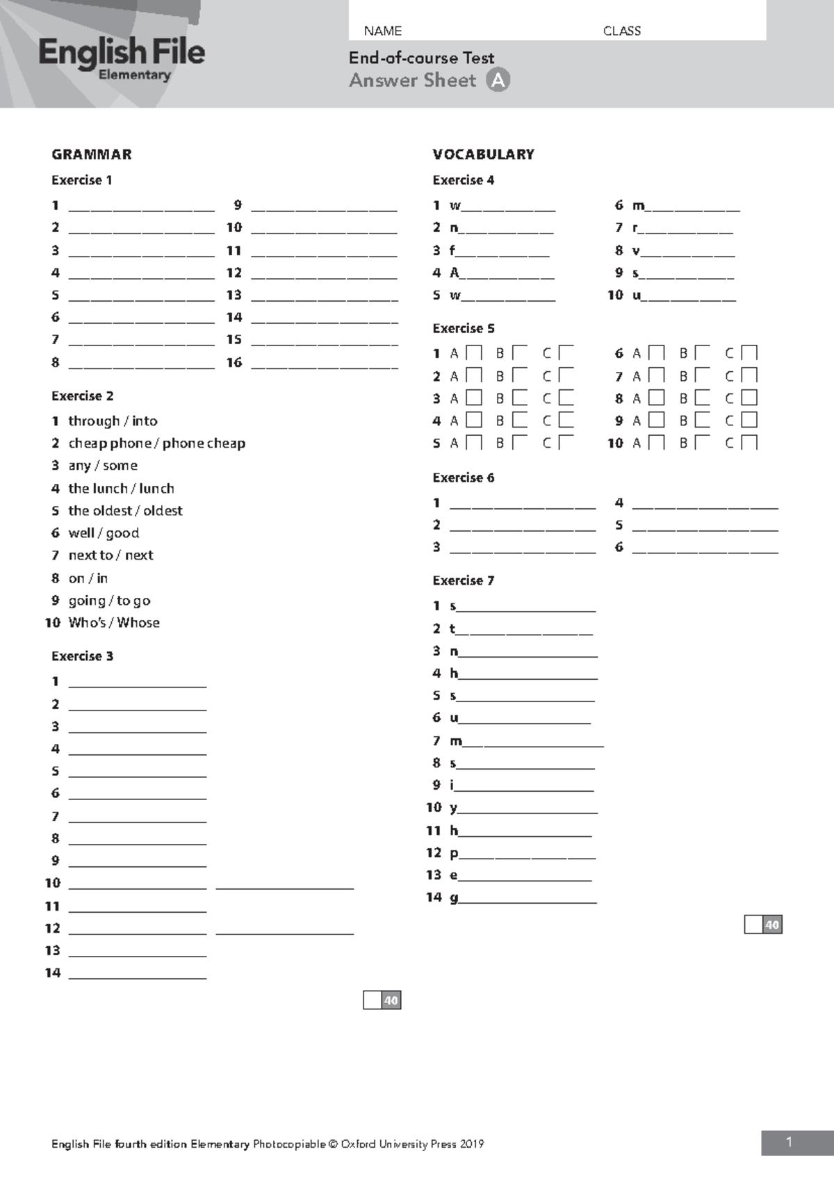 EF4e Elem End of course test A answer sheet - English File fourth ...