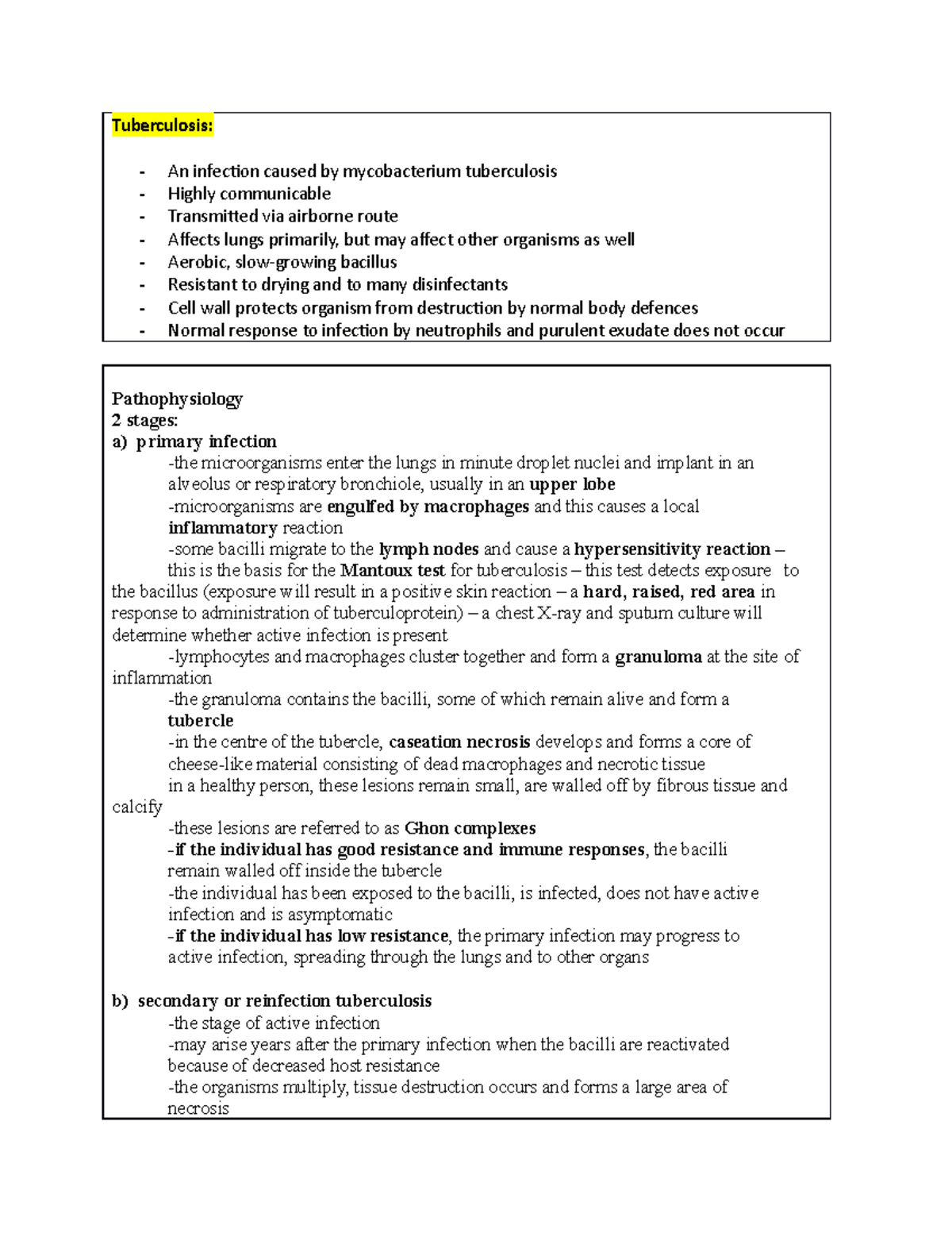 Tuberculosis W23 - tb patho nursing notes - Tuberculosis: An infection ...