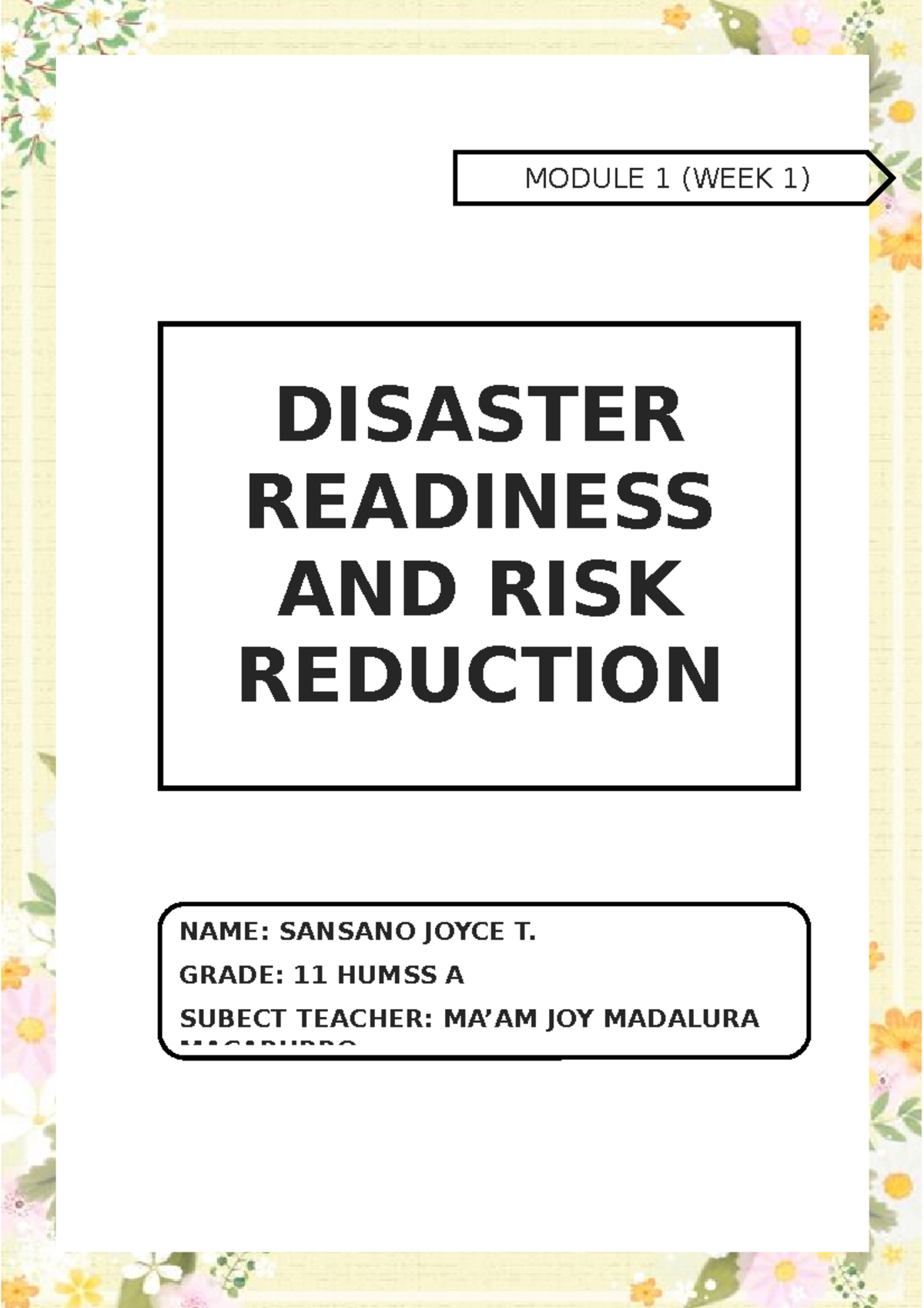 Module 1 IN Disaster Readiness and Risk Reduction (WEEK1) - MODULE 1 ...