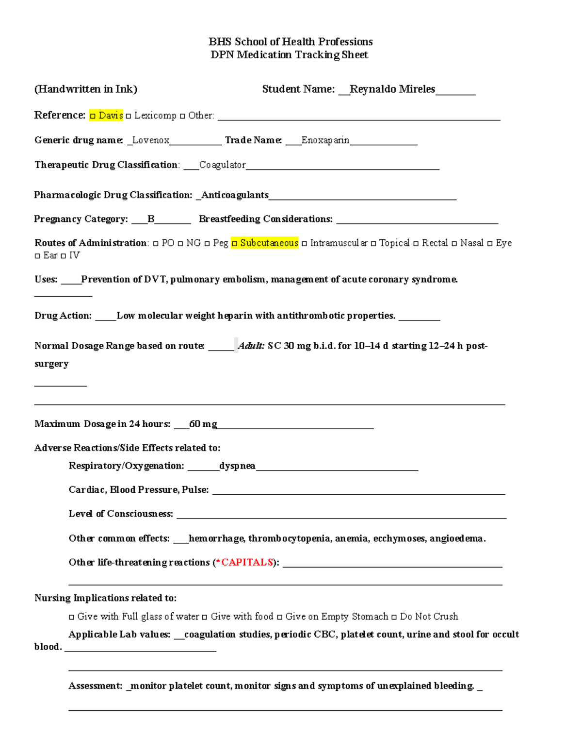 Lovenox - BHS School of Health Professions DPN Medication Tracking ...