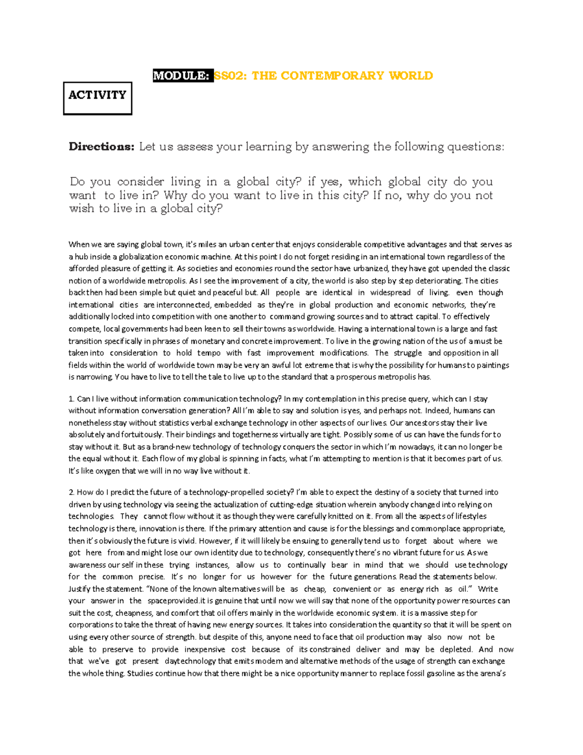 Activity 3 - asdas - MODULE: SS02: THE CONTEMPORARY WORLD ACTIVITY ...