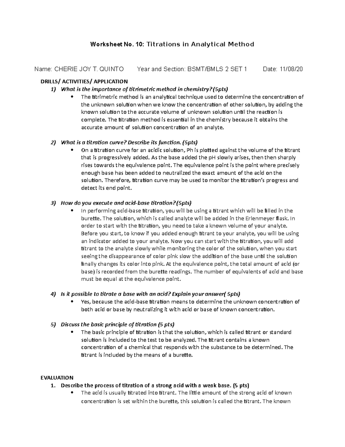 Quinto, Worksheet No.10 Anal Chem (lecture) - Worksheet No. 10 ...