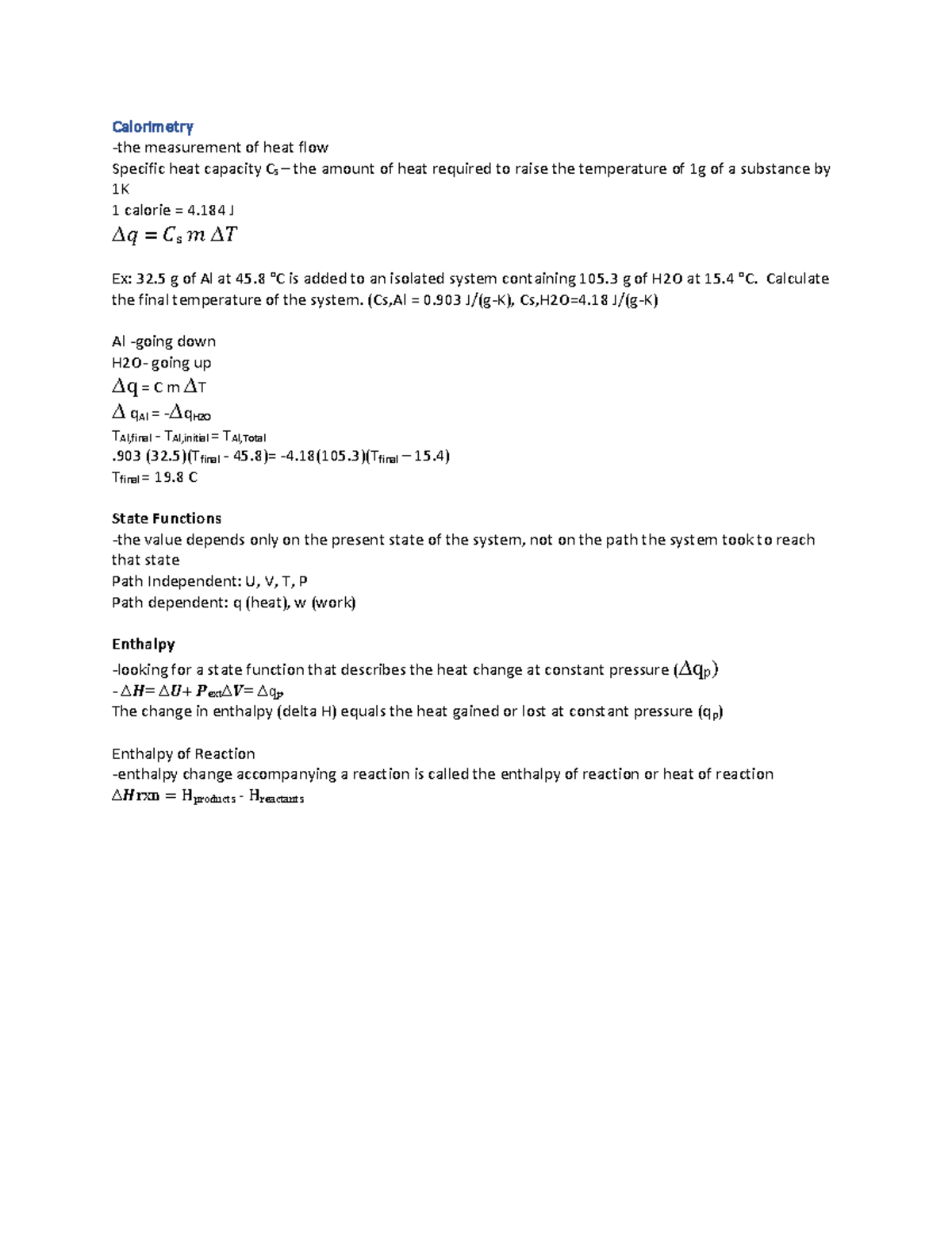 Gen Chem Notes 19 - Calorimetry -the measurement of heat flow Specific ...