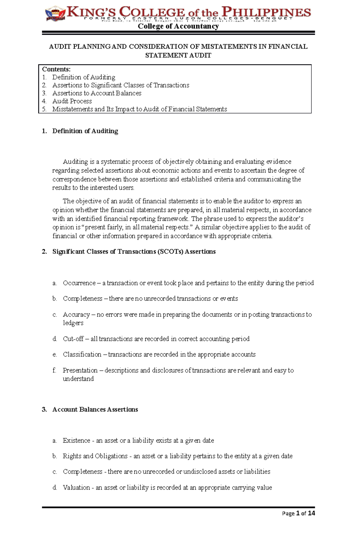 Pr E 2 Lesson 1 Audit Planning and Consideration of Misstatements in ...
