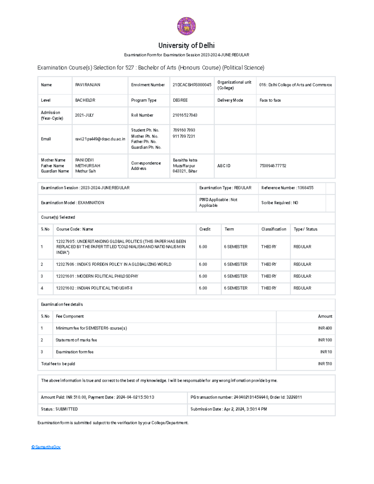 Exam form 6th sem - © Samarth eGov Examination Course(s) Selection for 527 : Bachelor of Arts ...