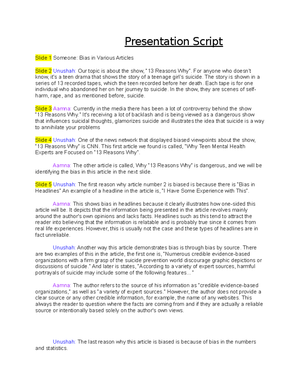 Bias Script - Presentation Script Slide 1 Someone: Bias in Various ...