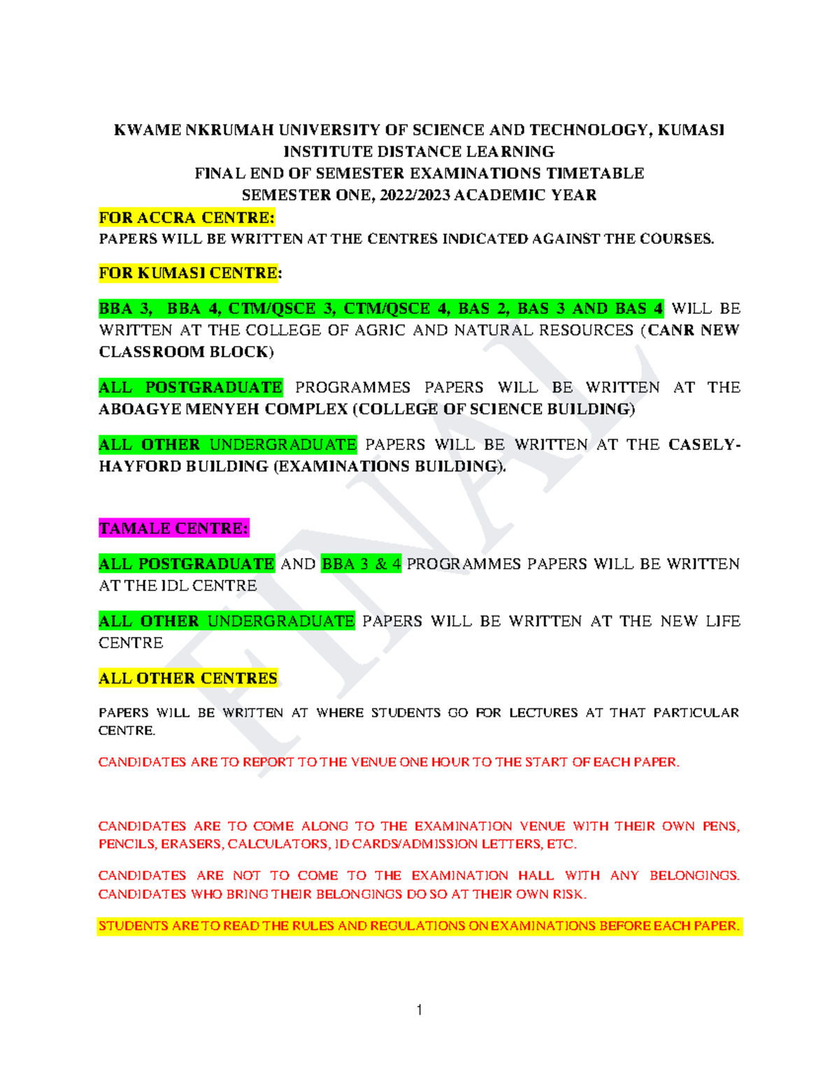 Final END OF SEM ONE Timetable 2022-2023 - KWAME NKRUMAH UNIVERSITY OF ...