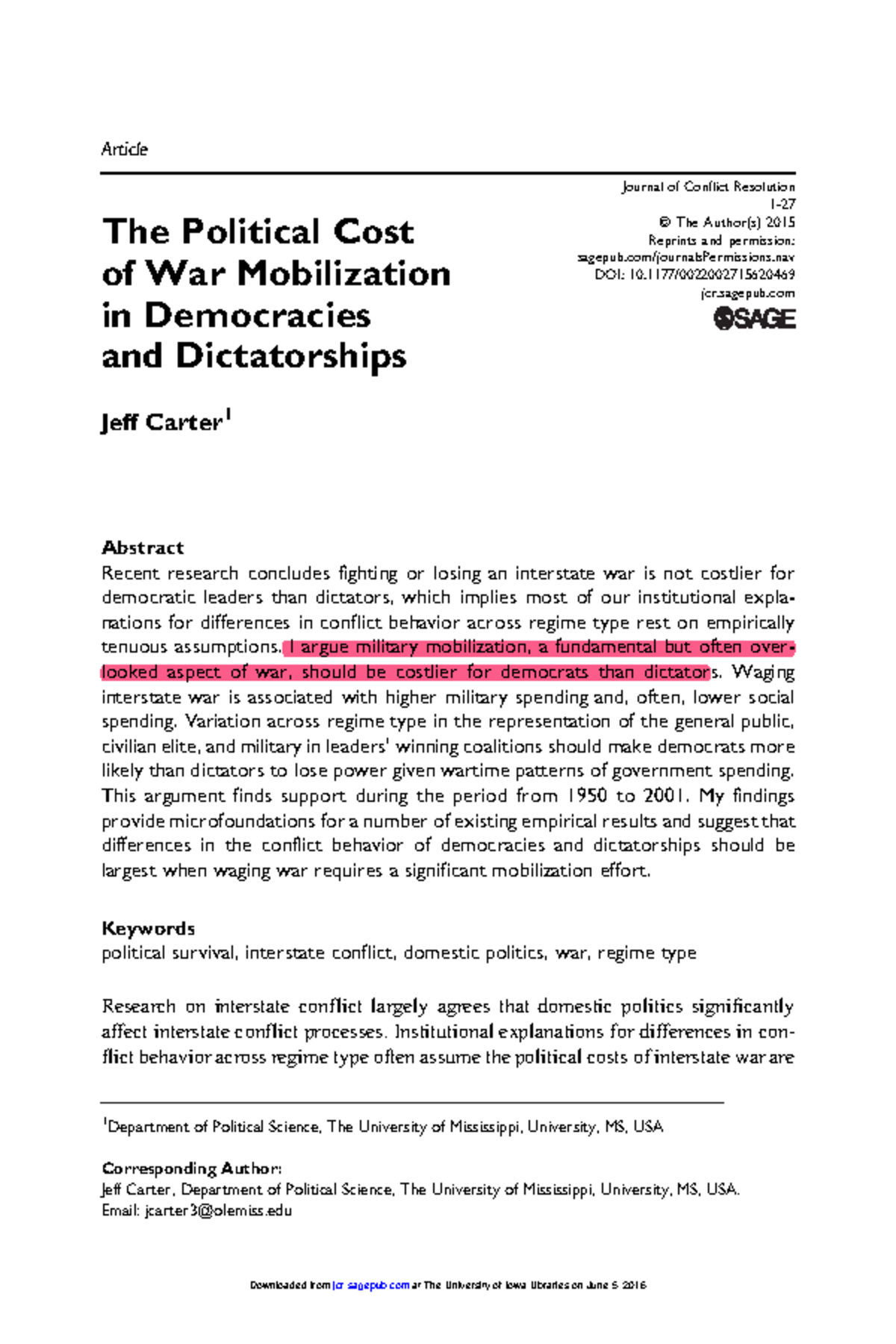 Carter, J. (2015 ). The Political Cost of War Mobilization in ...