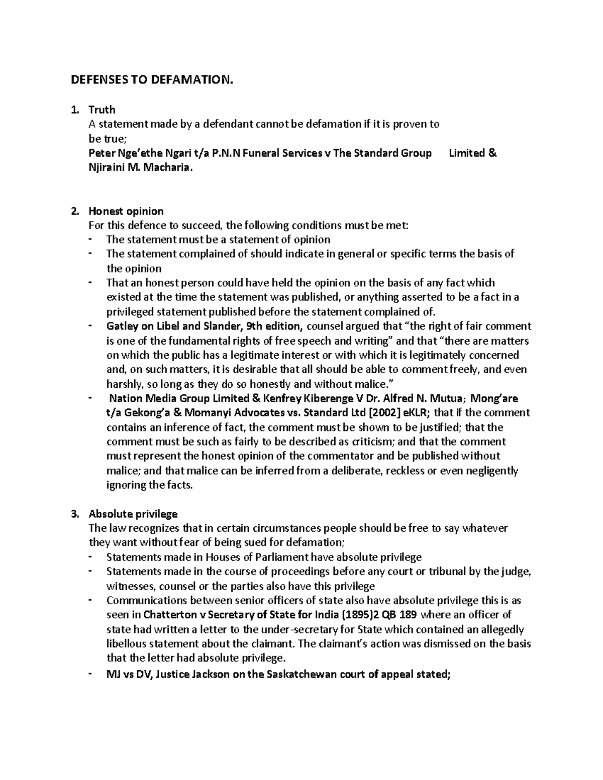 Defenses TO Defamation - DEFENSES TO DEFAMATION. Truth A statement made ...