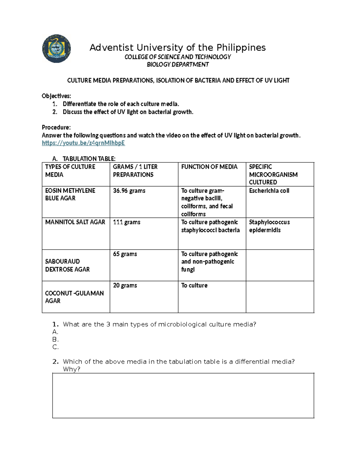 Activity in Culture media, Isolation of bacteria and effect of UV light ...