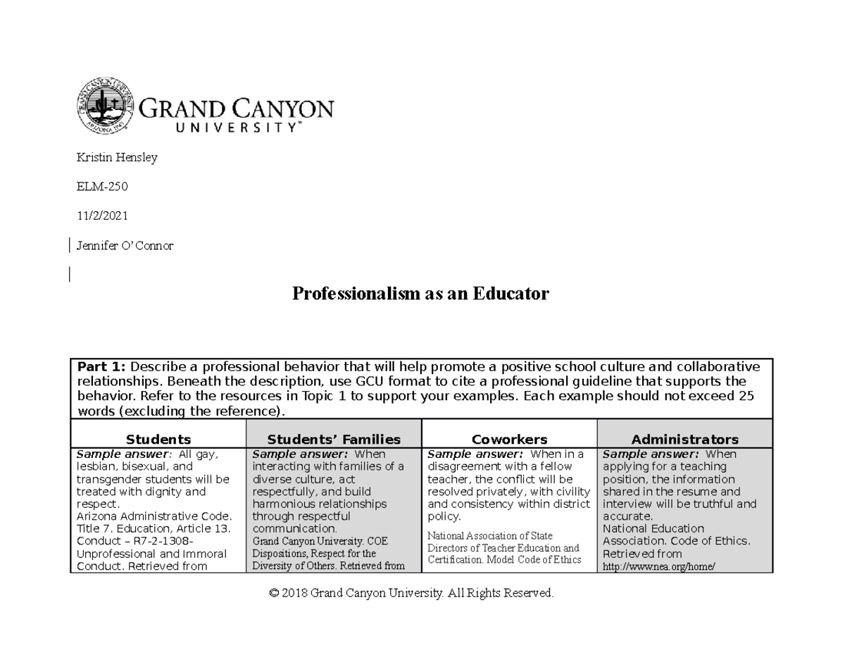 ELM 250 T1 Professionalism Educator Table - ELM-250 - GCU - Studocu