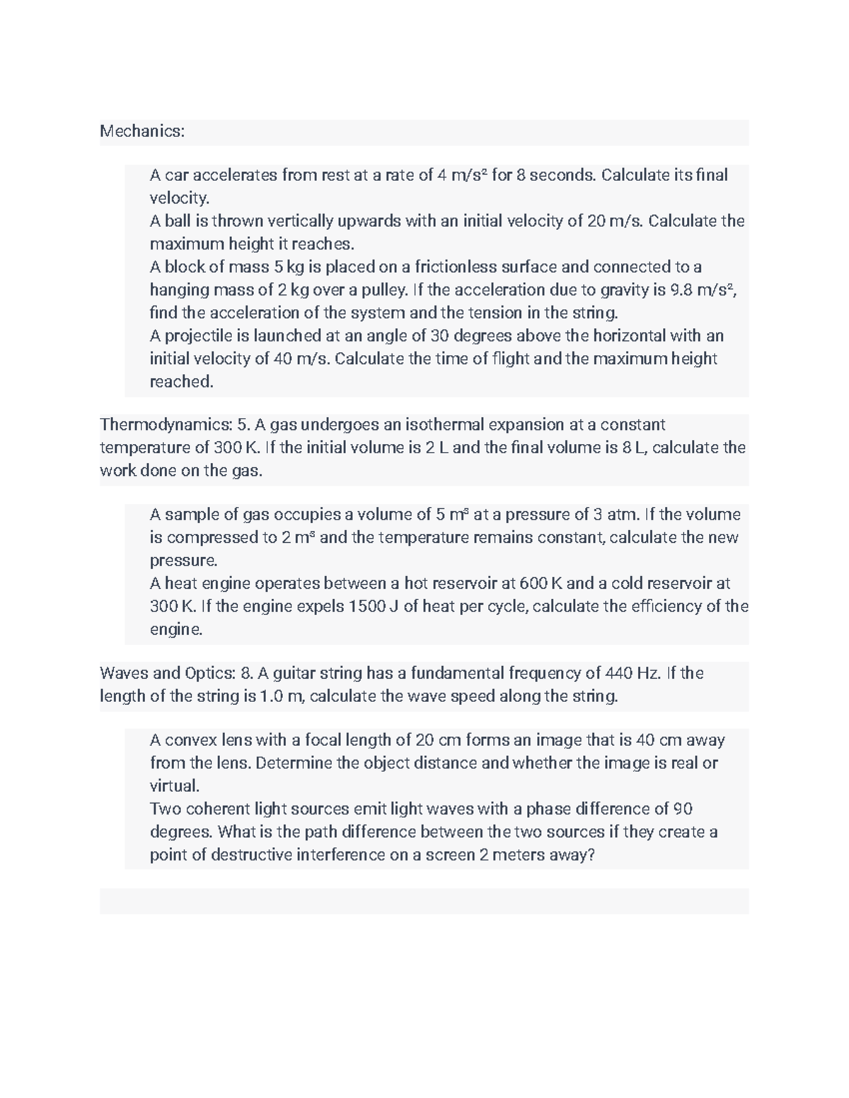 Physics Practice Mixed - Mechanics: A car accelerates from rest at a ...