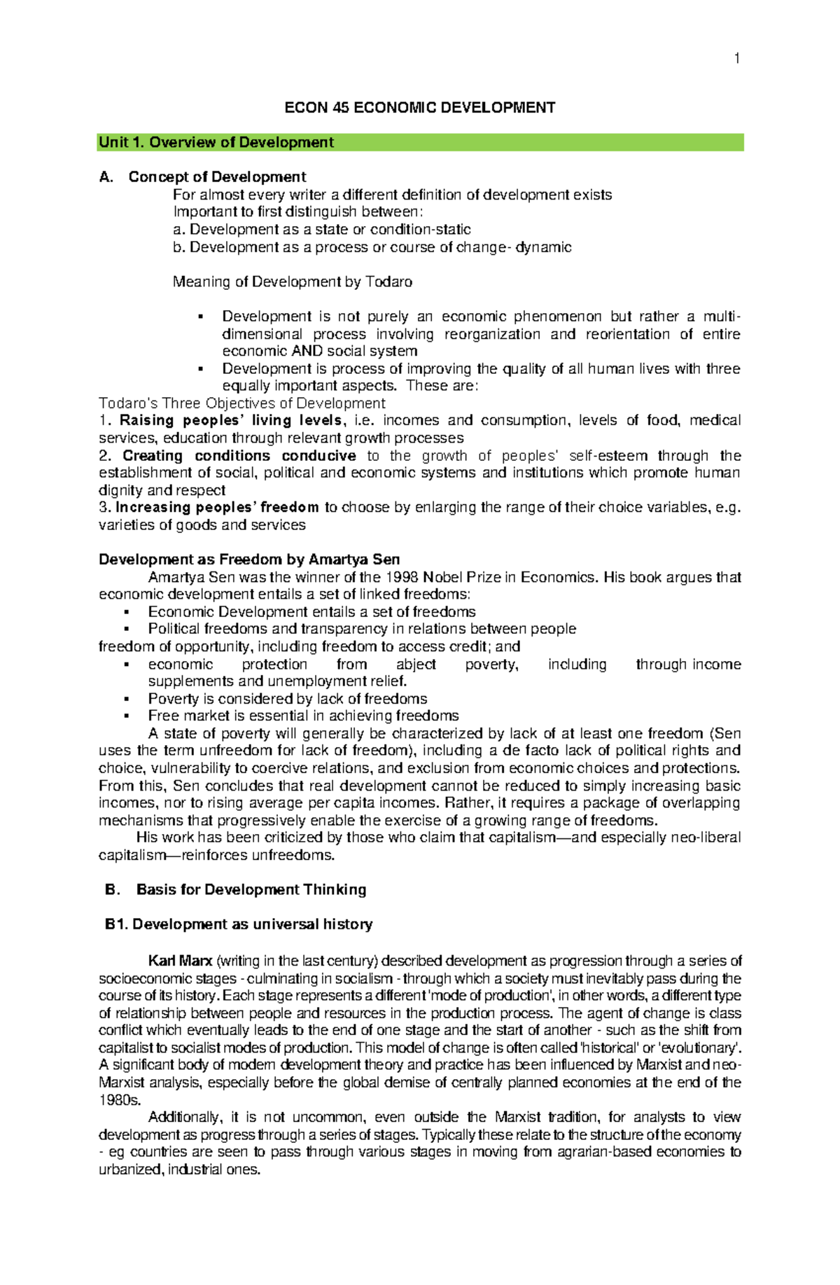 ECON Intro - ECON 45 ECONOMIC DEVELOPMENT Unit 1. Overview of ...