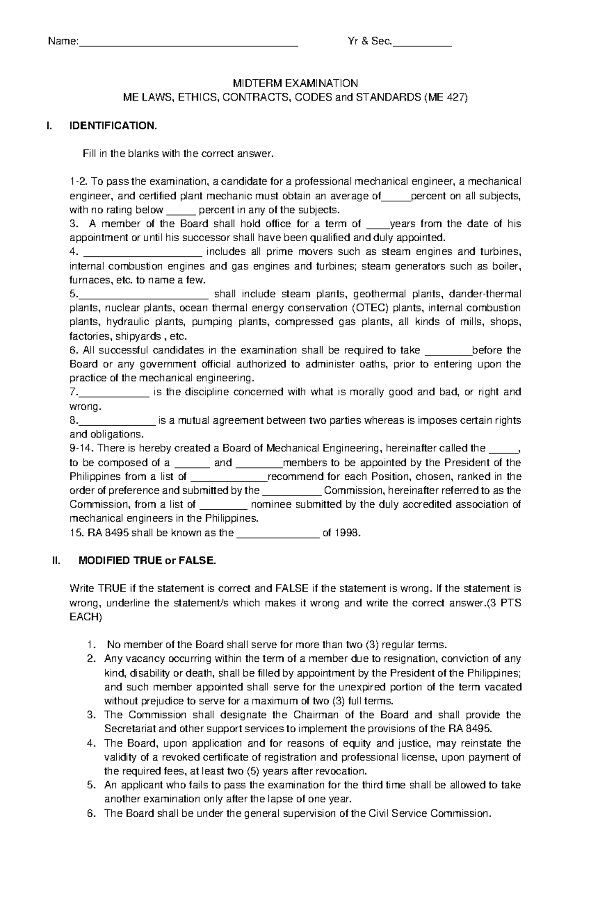 ME-LAWS- Midterms - Name:_____________________________________ Yr & Sec ...