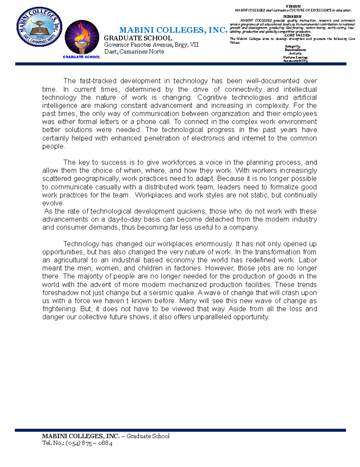 Insight Paper Renalyn Villaluna GSEL 100 - Technology IN THE Workplace ...