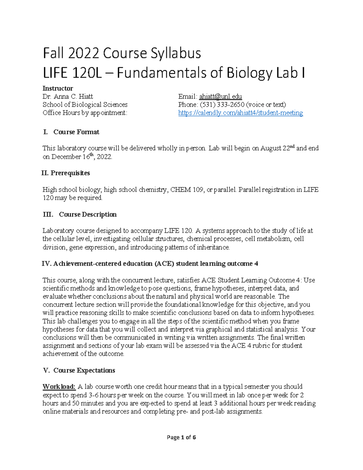 LIFE 120 L Fall 2022 Syllabus-1 - Fall 2022 Course Syllabus LIFE 120L ...