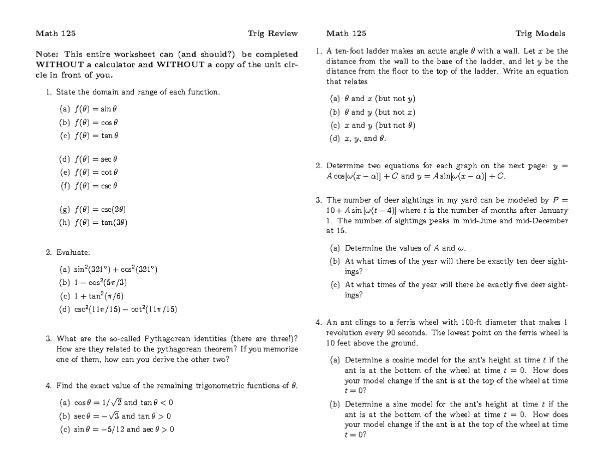 Trigreview - Math 125 Trig Review Note: This entire worksheet can (and ...