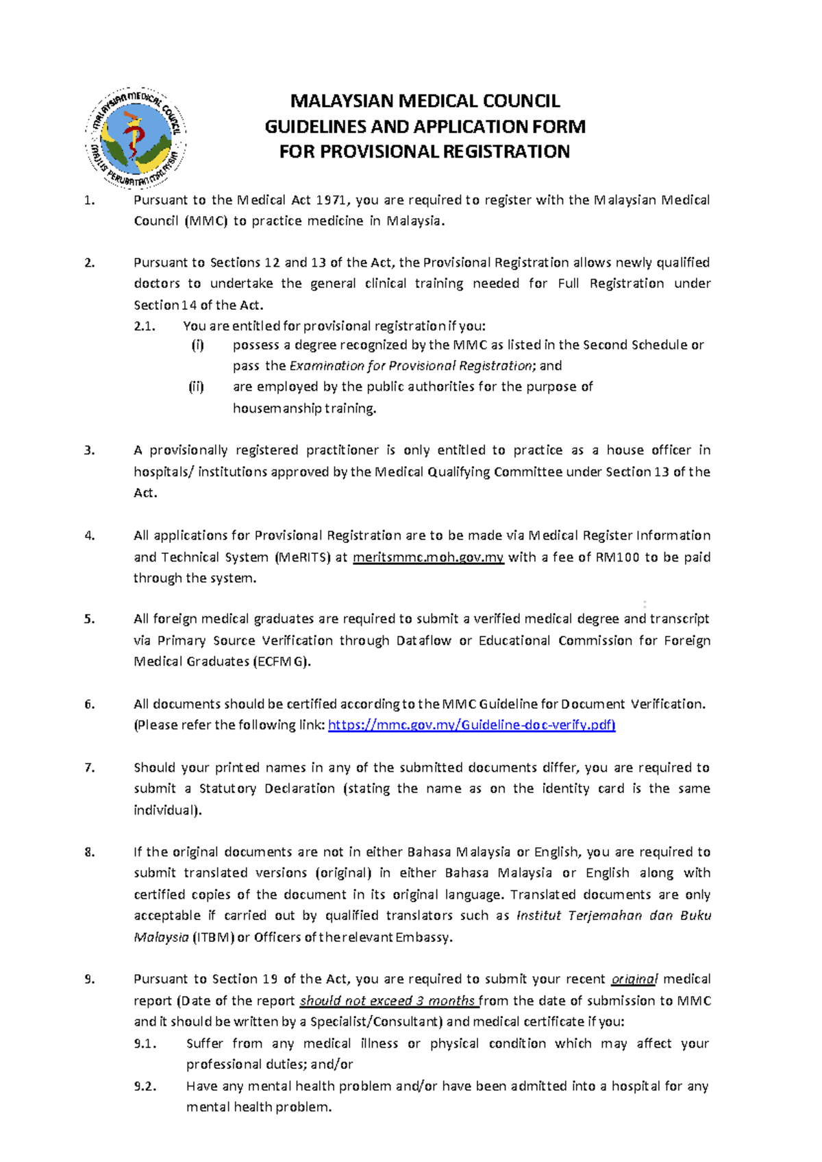 Guidelines for Provisional Registration 01072020 - MALAYSIAN MEDICAL ...