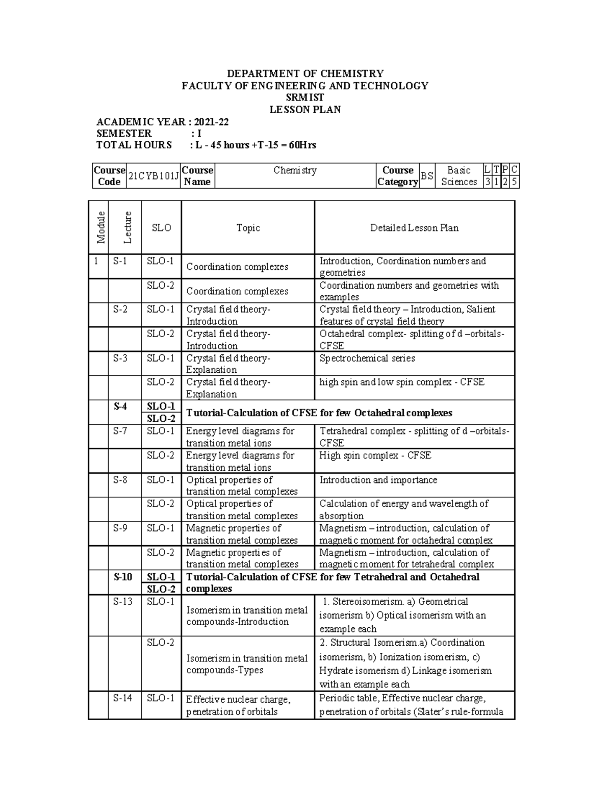 21CYB101J - Theory - Lesson PLan - DEPARTMENT OF CHEMISTRY FACULTY OF ...