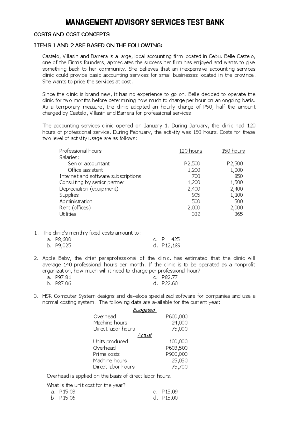MAS Test Bank 6 (CPAR Review Center) - MANAGEMENT ADVISORY SERVICES ...