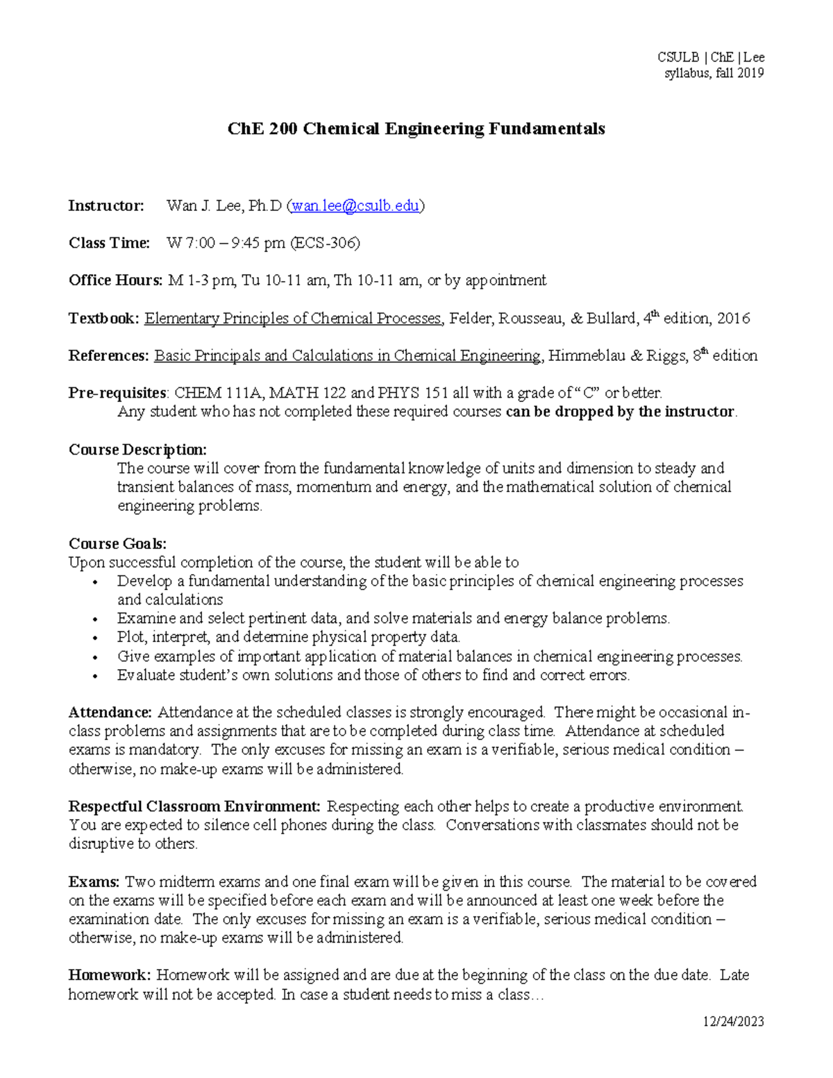 Ch E 200Syllabus Fall2019 - CSULB | ChE | Lee syllabus, fall 2019 ChE ...