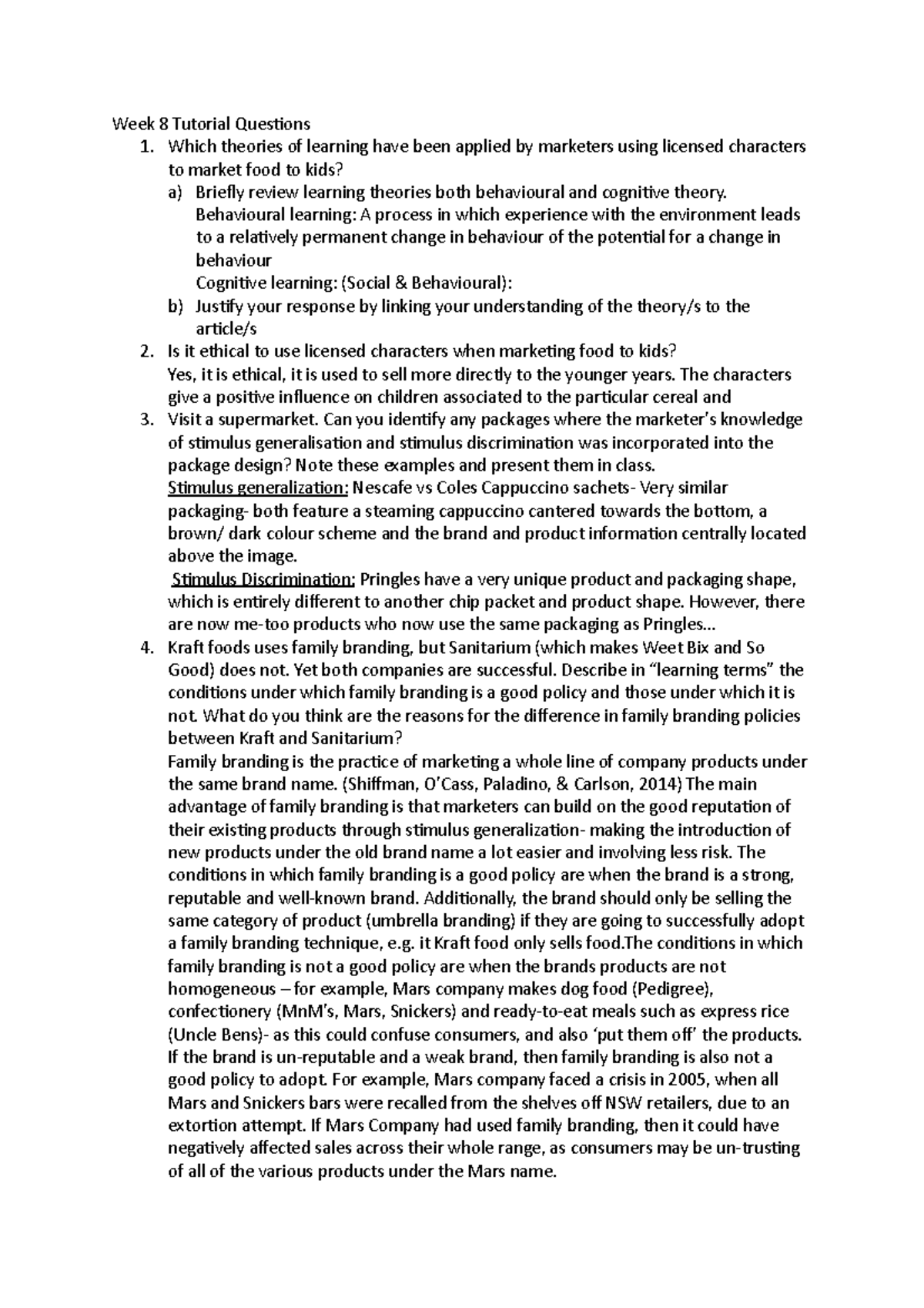 Week 8 Tut Questions: Answers - Week 8 Tutorial Questions 1. Which theories of learning have ...