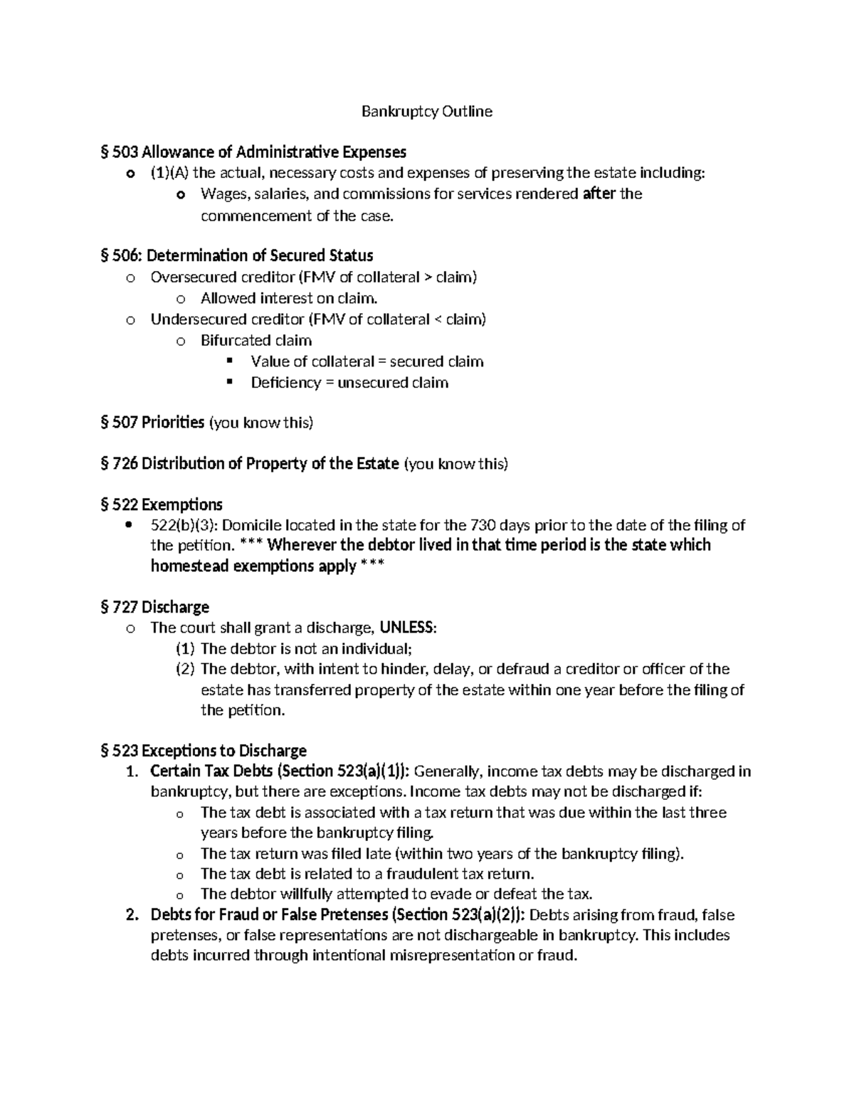 Bankruptcy Outline - § 506: Determination of Secured Status o ...