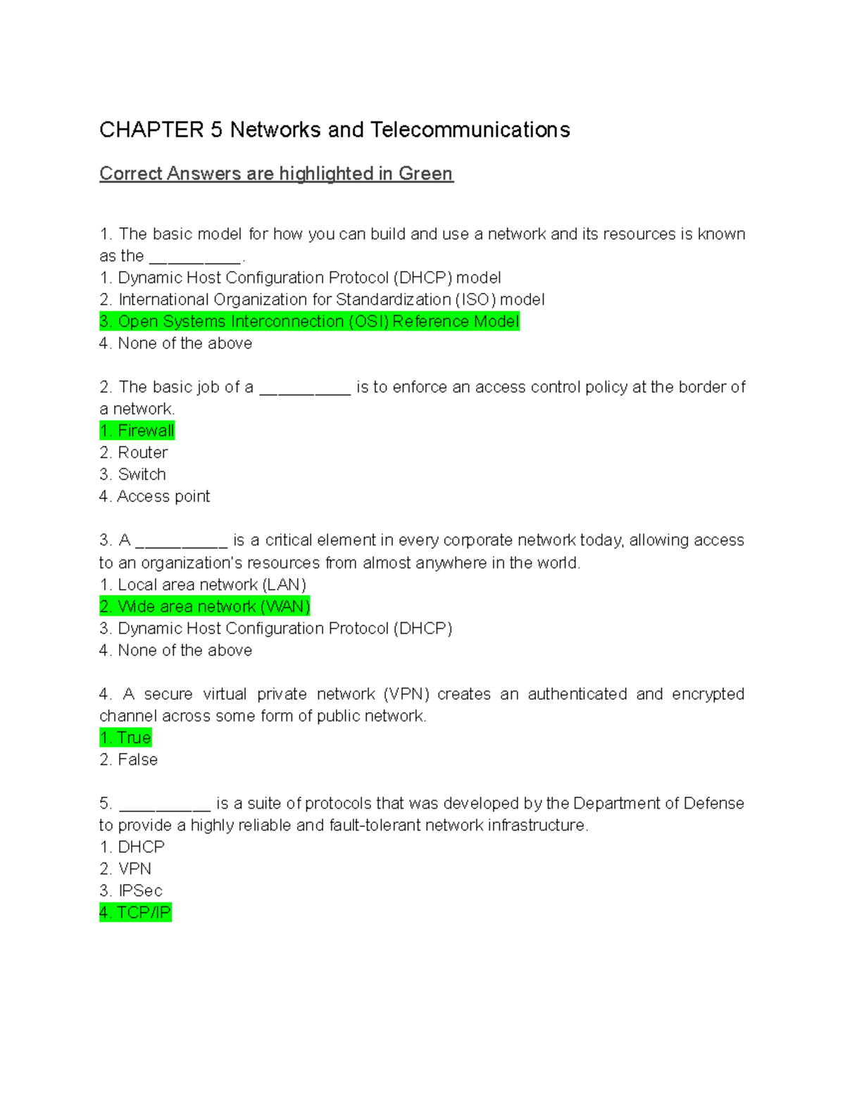 Chapter 5 Assesment - Networks and Telecommunications - CHAPTER 5 Networks and ...
