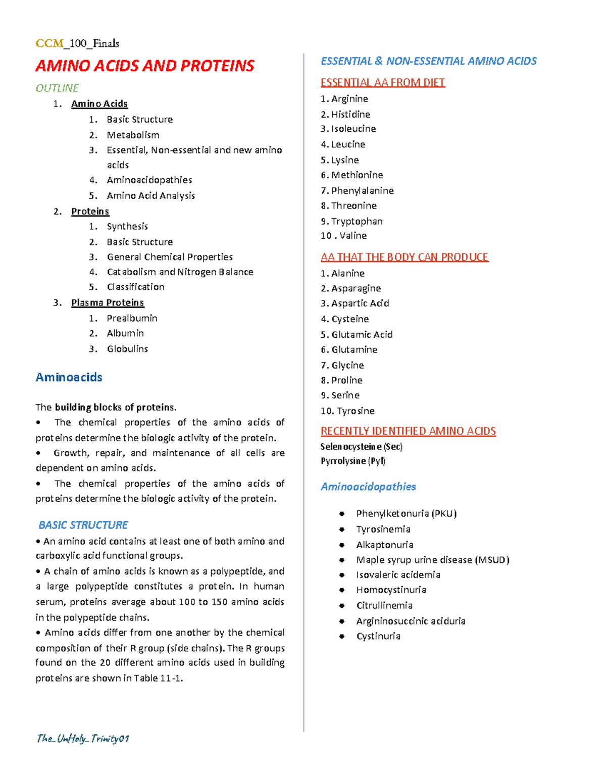 CC LEC Finals - AMINO ACIDS AND PROTEINS OUTLINE Amino Acids Basic ...