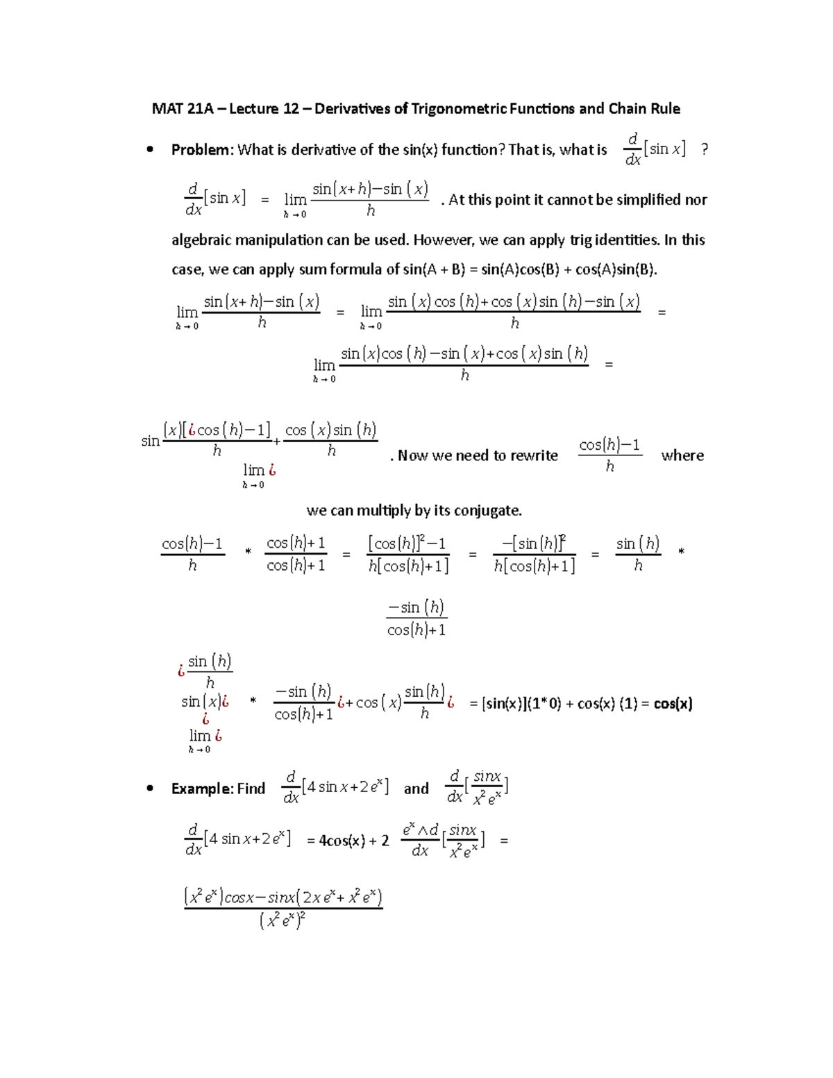 MAT 21A – Lecture 12 – Derivatives of Trigonometric Functions and Chain Rule - At this point it ...