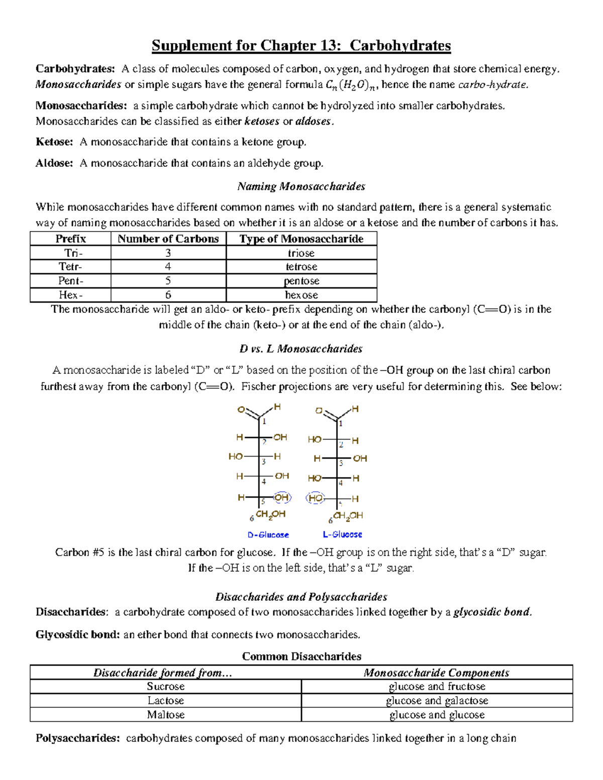 1406 Chapter 13 Supplement - Supplement for Chapter 13: Carbohydrates ...