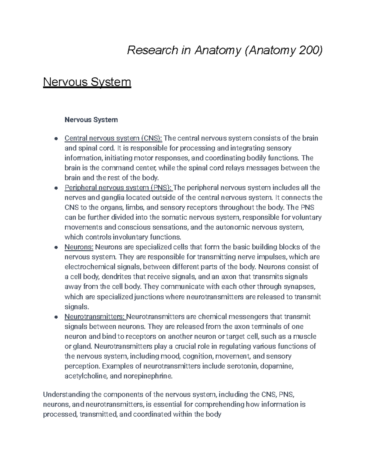 Research in Anatomy (Anatomy 200) Nervous System Study Guide - Research ...