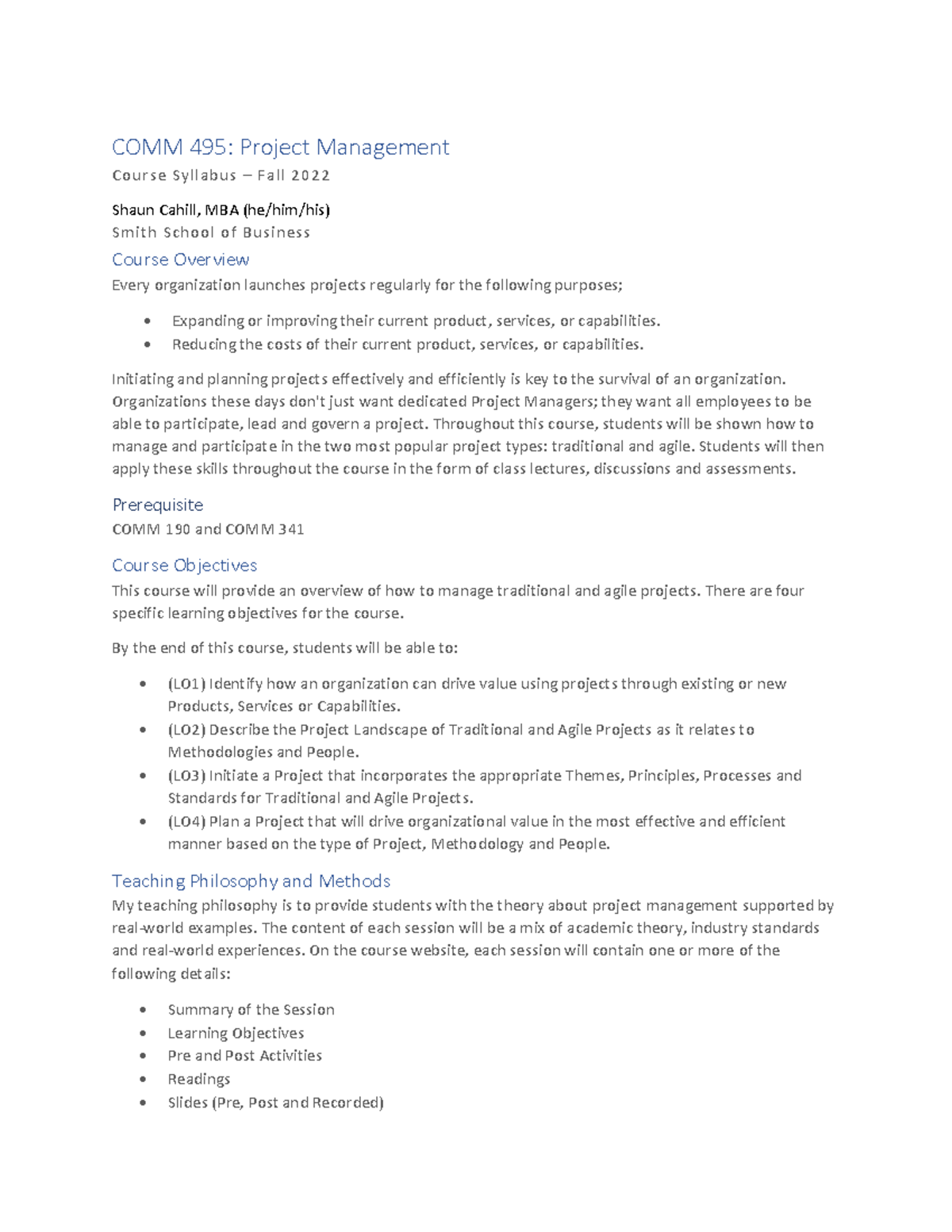 COMM 495 - Project Management - Fall 2022 - Syllabus Final - COMM 495: Project Management Course ...