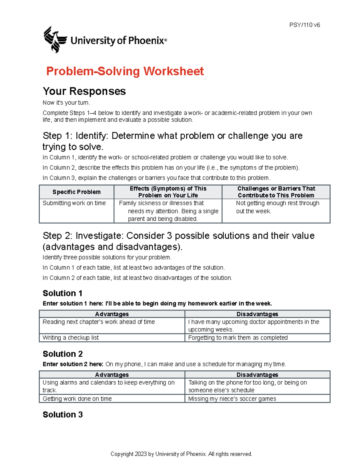 Psy110 v6 wk4 problem solving worksheet 2 - PSY/110 v Problem-Solving Worksheet Your Responses ...
