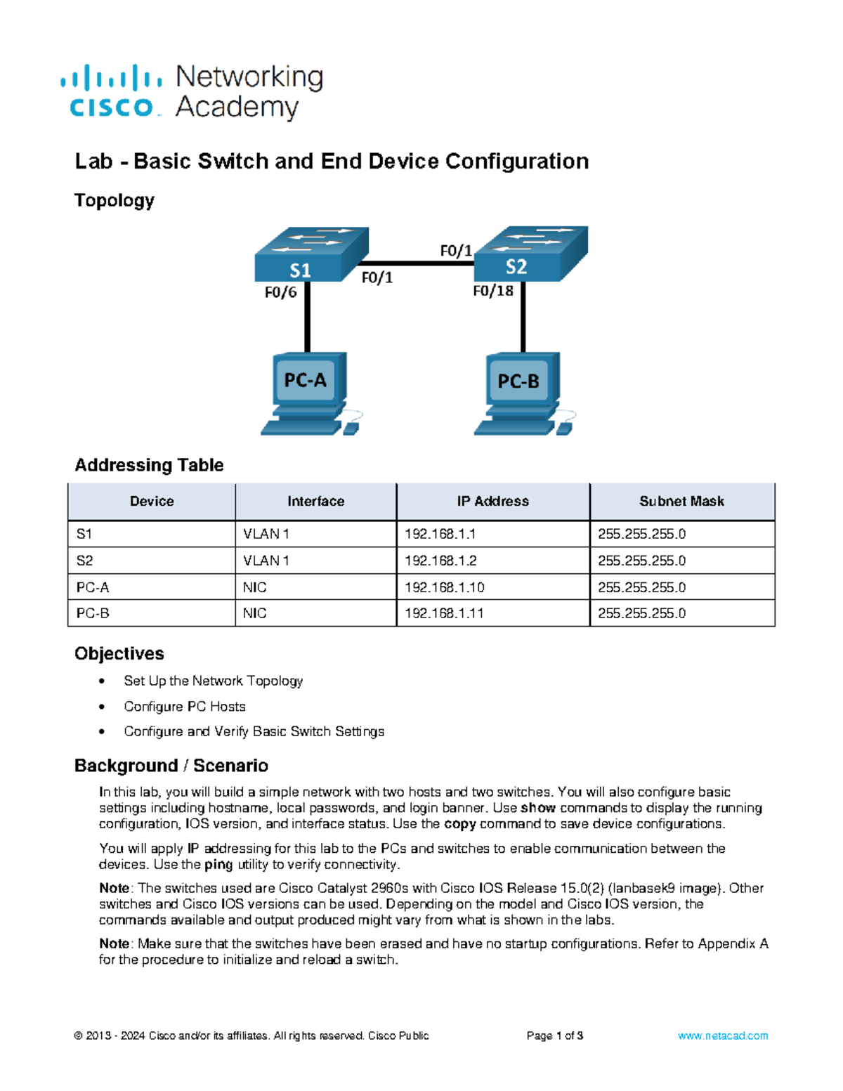 2.9.2 Lab - Basic Switch and End Device Configuration - © 2013 - 2024 Cisco and/or its ...