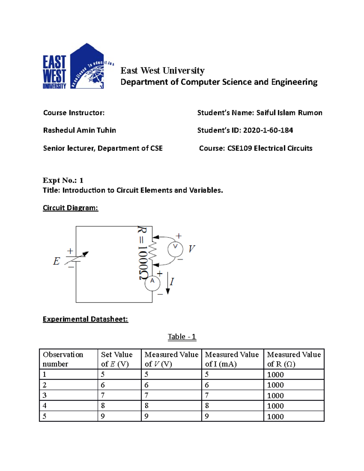 Lab1 Report - Expt No.: 1 Title: Introduction to Circuit Elements and ...