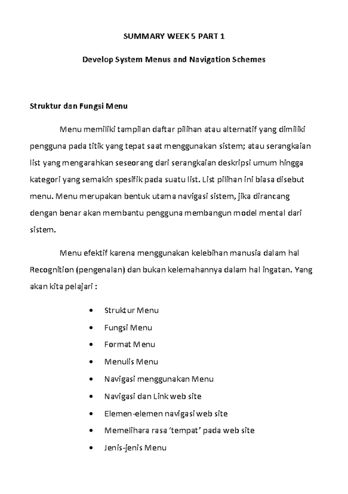 Summary week 5 part 1 - SUMMARY WEEK 5 PART 1 Develop System Menus and ...