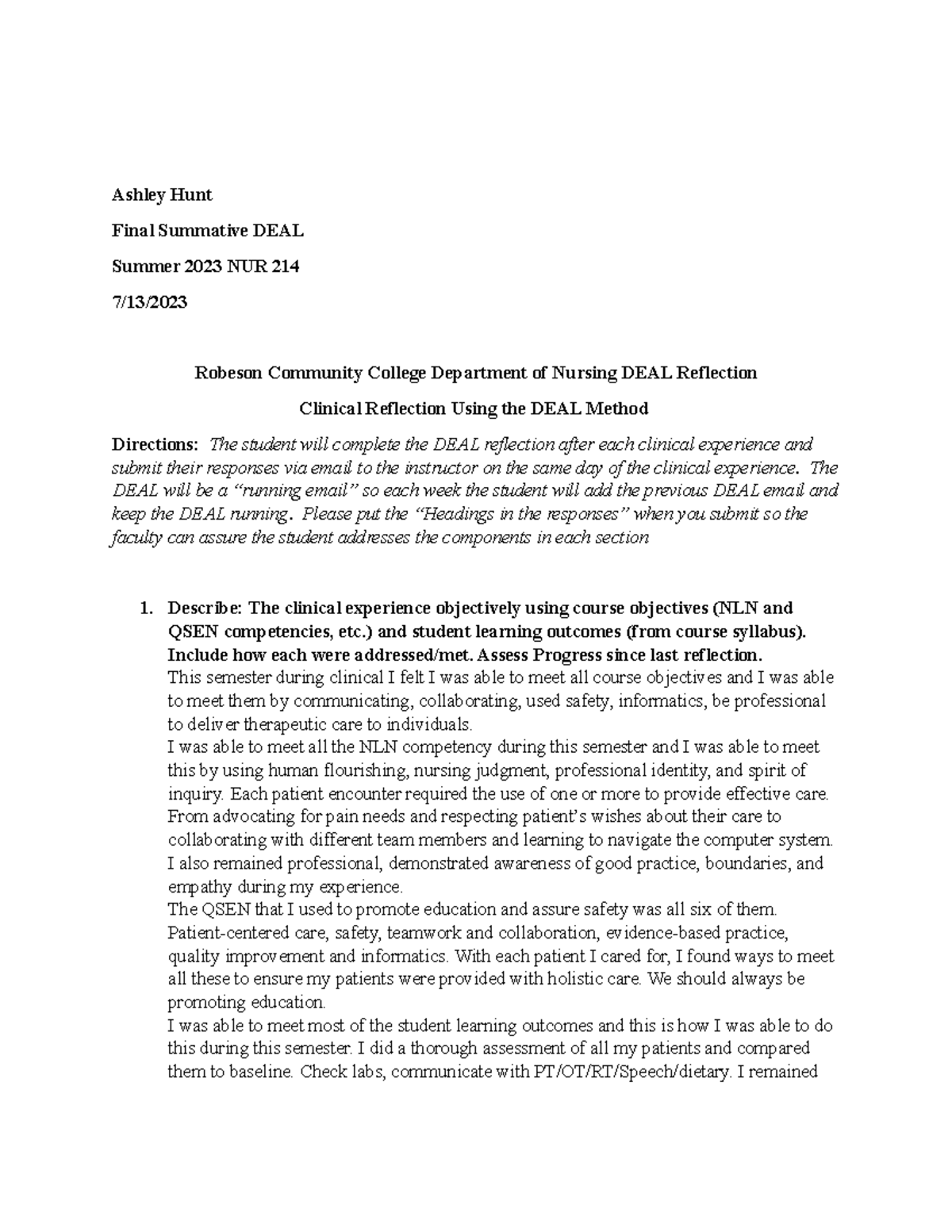 DEAL Reflection Final - clinical - Ashley Hunt Final Summative DEAL ...